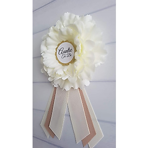 Mom To Be Sash and Dad To Be Pin By LMC | Baby Shower Belly Sash and Corsage | USA Handmade | Heat Sealed Ends | Ivory and Beige (Auntie to be pin)