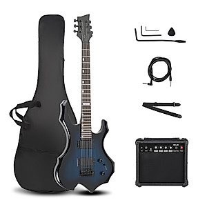 Ktaxon Flame Design Electric Guitar, 36-inch Beginner Electric Guitar Kit with 20 Watt AMP, Tremolo Bar, Portable Bag, Shoulder Strap, Cable & Wrench Tool (Blue)