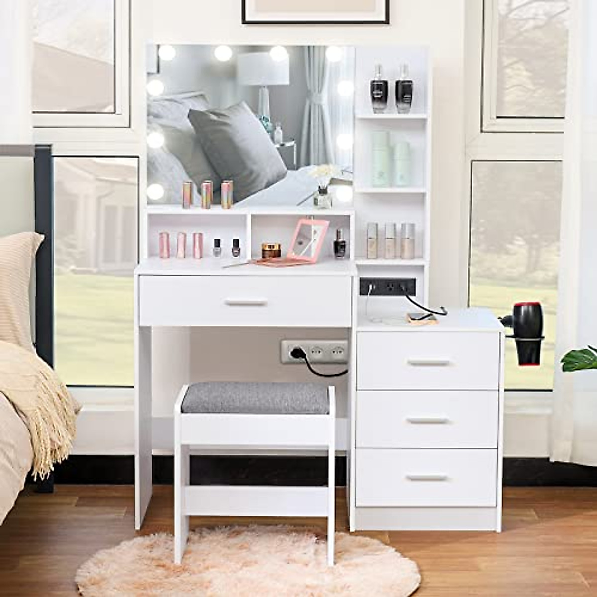 usikey Large Vanity Table Set with Lighted Mirror & Charging Station, Makeup Vanity Dressing Table with 4 Storage Shelves and 4 Drawers, Vanity Desk with 3-Drawer Chest and Cushioned Stool, White