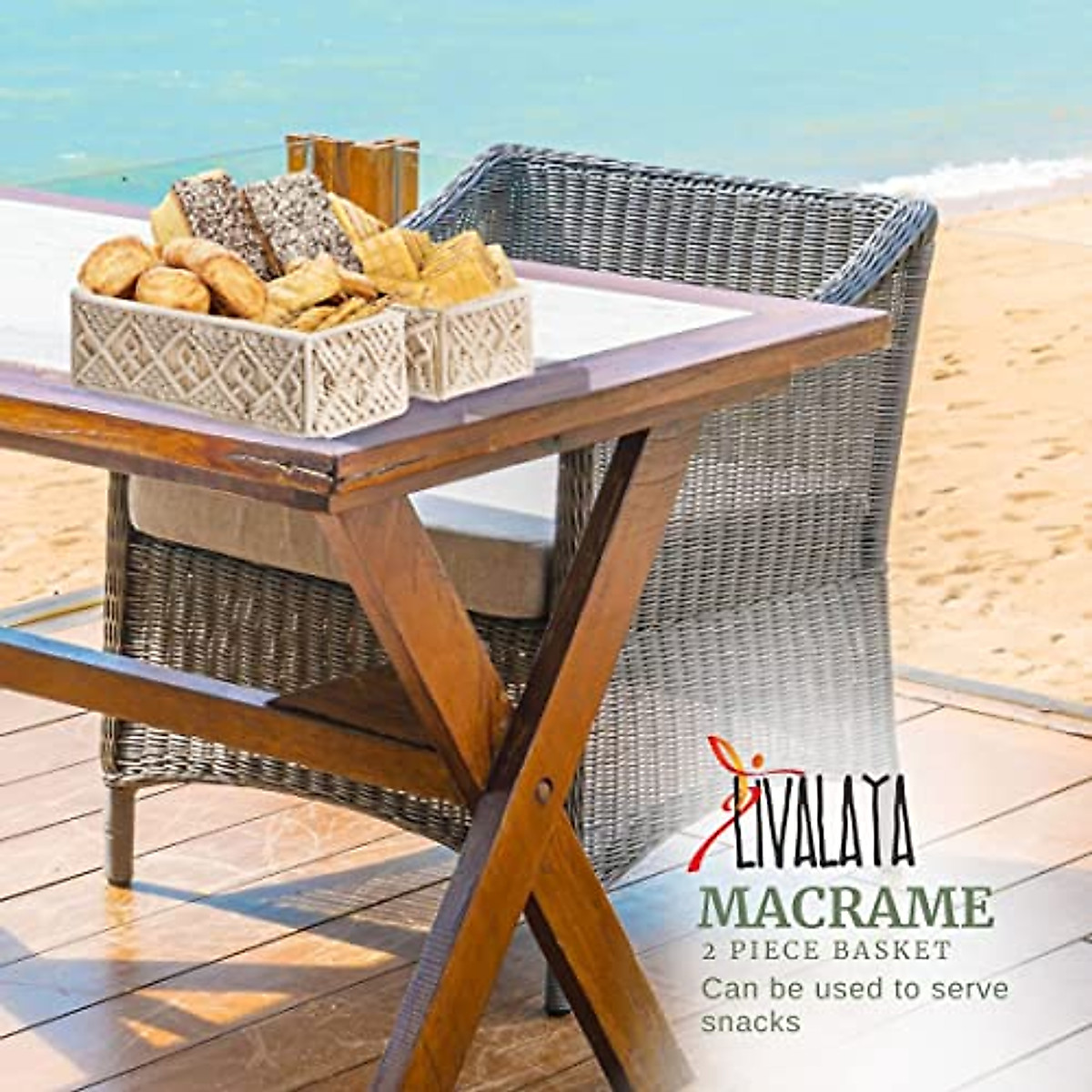 Livalaya Macrame Storage Baskets and Decorative Bins with Lining, Woven Boho Basket Box Organizers for Bathroom Countertop and Toilet Paper Holder, Bedroom, Baby Nursery and Home Organization Set of 2, US Brand