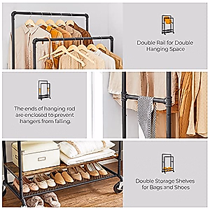 VASAGLE Rolling Clothes Rack, Double Rail Garment Rack on Wheels, Heavy-Duty Clothing Rack with Shelves, Industrial Pipe Design, Rustic Brown and Black URGR120B01