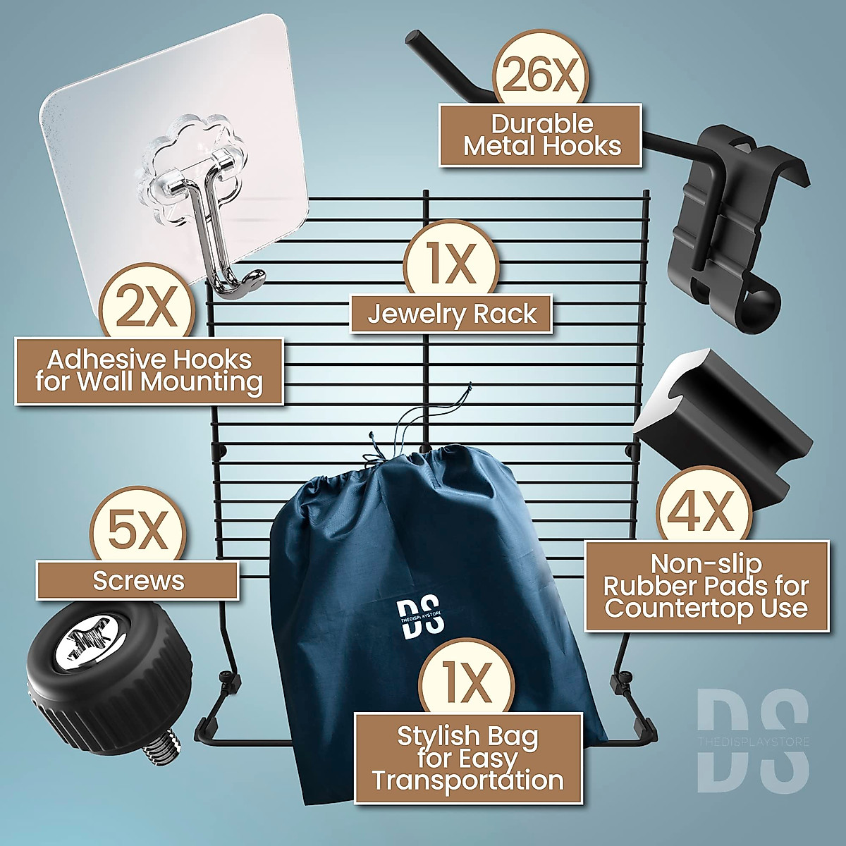 Jewelry Display Stand With 26 Hooks by DS - For Retail Sales of Earrings, Bracelets, Keychains