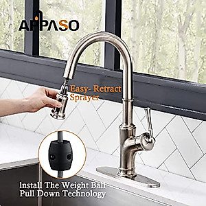 Bushed Nickel Kitchen Faucet with Pull Down Sprayer and Brush, Single Handle High Arc Single Hole Pull Out Kitchen Sink Faucets with Sprayer, Stainless Steel, APPASO