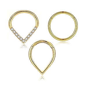 MeiziQL 3Pcs Septum Rings 16G Teardrop Septum ring 316L Surgical Steel Daith Conch Rook Tragus Cartilage Earrings Hypoallergenic Piercing Jewelry for Women Men 8mm (CZ Teardrop Gold)