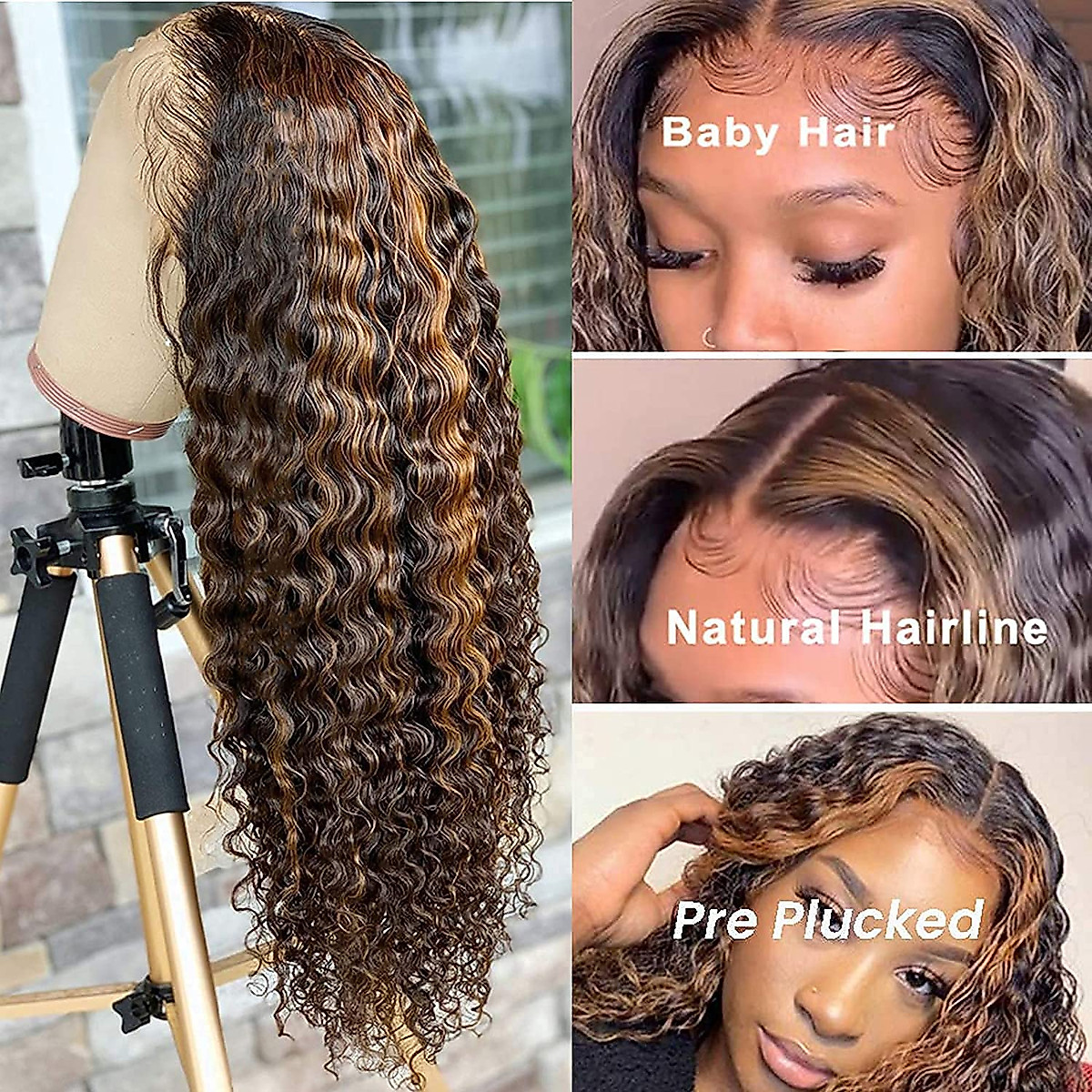BLY Highlight Human Hair Lace Front Wigs Deep Wave #4/27 Ombre Colored Glueless Wigs Pre Plucked 18 Inch 4x4 Transparent Curly Water Wave Lace Wig Honey Blonde Real Human Hair 180% Density