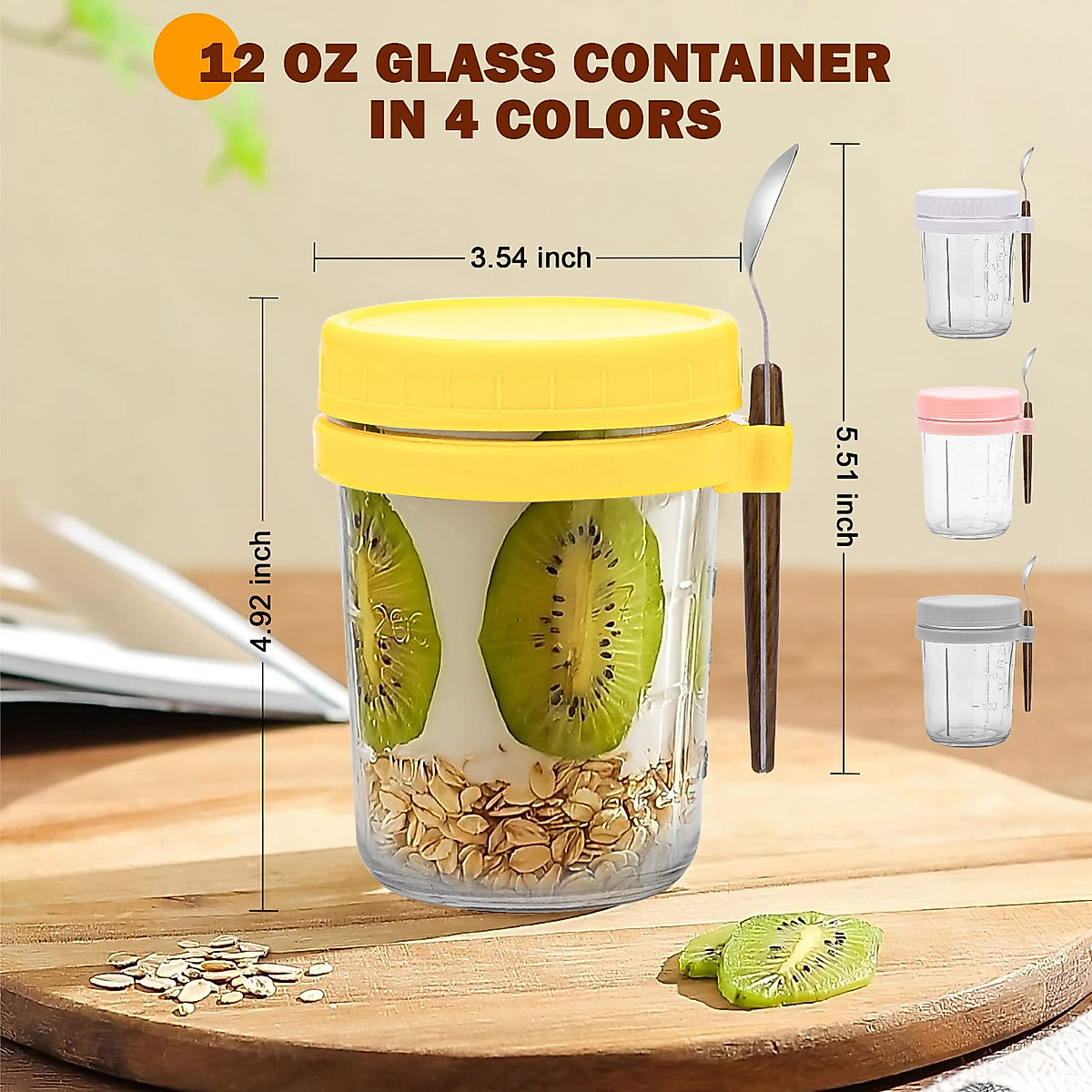FISHOAKY 4 Pack Overnight Oats Containers with Lids and Spoons, 12 oz Glass Mason Jars for Overnight Oats with Measurement,Overnight Oats Jars Airtight Jars for Milk, Cereal, Fruit, Yogurt and More