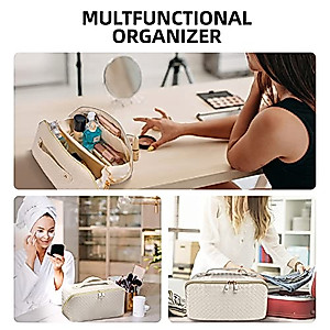 Travel Makeup Bag Large Capacity Travel Cosmetic Bags for Women Waterproof Lay Flat Leather Makeup Bag with Divider and Handle Makeup Organizer Bags Travelling Cosmetic Pouch Skincare Bag,White