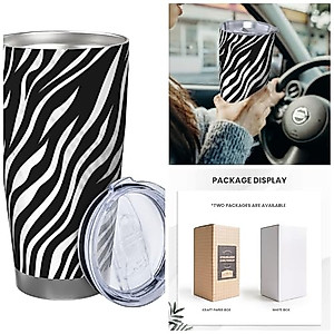 Zebra Print Tumbler with Lid and Straw 20oz Stainless Steel Car Cup for Hot and Cold Drinks, Double Wall Insulated Travel Coffee Mug Reusable Drink Thermos Cup Birthday Gifts