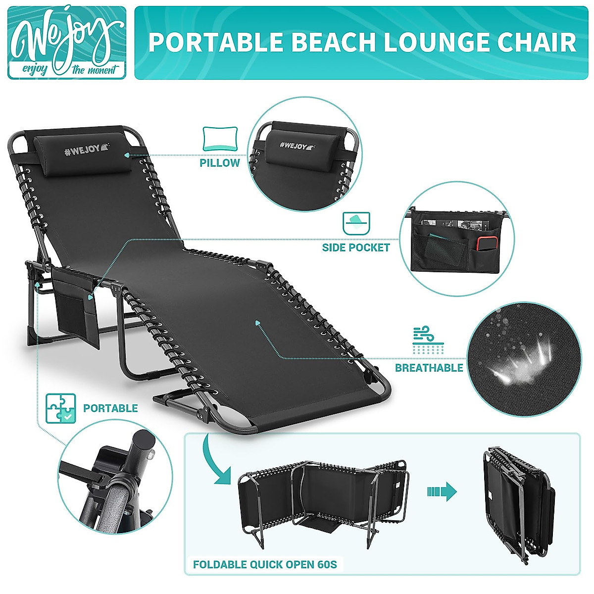 #WEJOY Outdoor Folding Chaise Lounge Chair for Outside, Patio, Beach, Poolside, Sunbathing, Adjustable 5-Position Reclining Chairs, Heavy Duty Camping Cot with Shoulder Strap and Pillow, Black