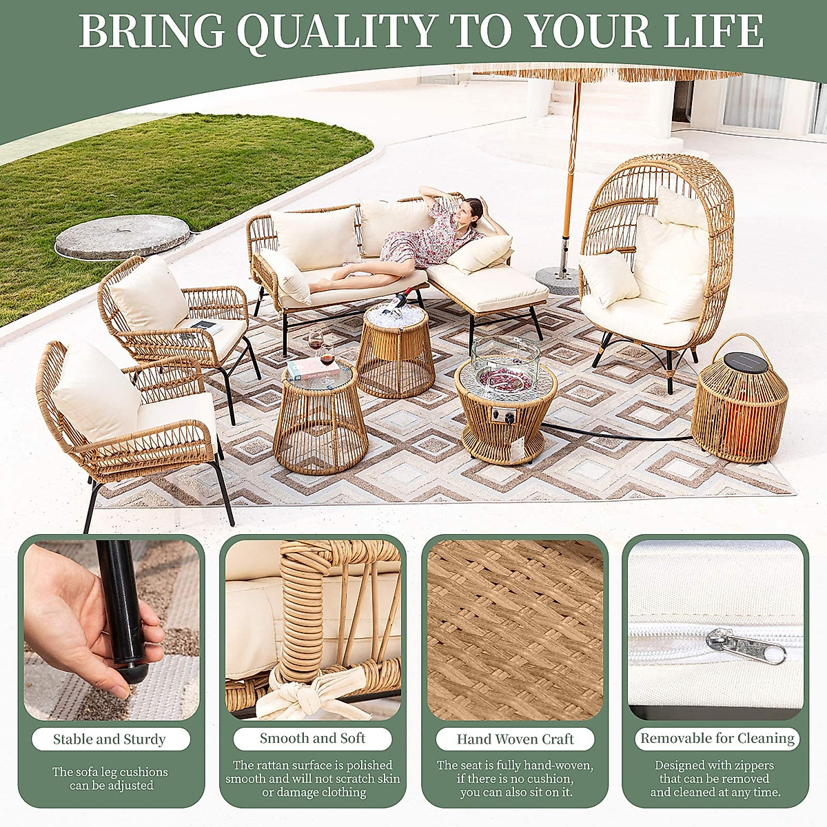 RADIATA Boho Patio Furniture Sets Outdoor Conversation Wicker Bistro Sectional Sofa and Chair Sets for Backyard, Porch, Deck, Garden (9pcs)