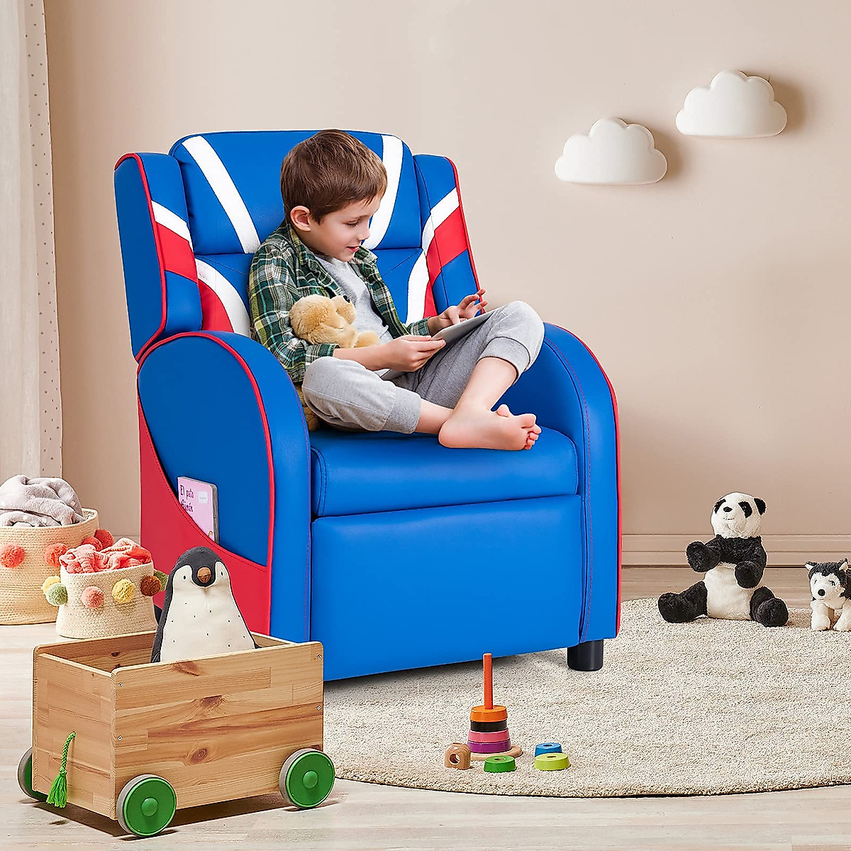 ReunionG Kids Recliner Sofa, Children Leather Armchair Couch w/Footrest, Headrest, Gaming Reclining Chair for Living Room Nursery, Birthday Xmas Gift for Boys Girls Toddlers Reading Relaxing (Blue)