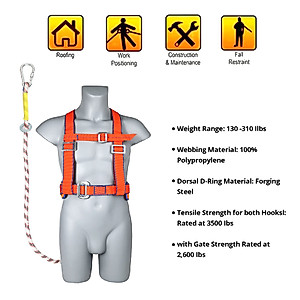 TRSMIMA Safety Harness Fall Protection - Half-Body Roofing Harness kit with 6 ft Lanyard and Padded Shoulder - OSHA/ANSI Compliant
