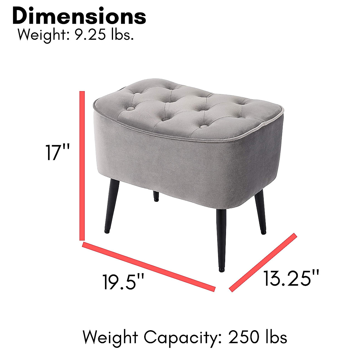 BIRDROCK HOME Tufted Curve Grey Ottoman – Velvet Foot Stool – Mid Century Modern Steel Legs - Soft Compact Padded Stool - Living Room or Bedroom – Vanity Chair - Decorative Furniture