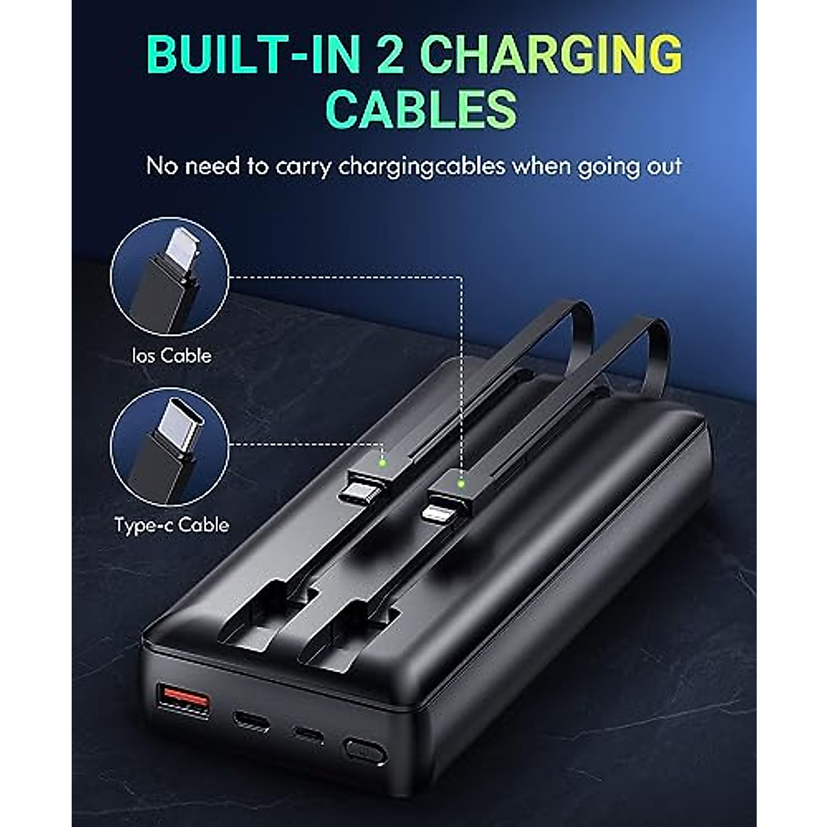 Power-Bank-Portable-Charger - 40000mAh Power Bank Support PD 30W and QC4.0 Fast Charger with Built-in 2 Output Cable and LED Display for iPhone and Android Phones and Most Electronic Devices