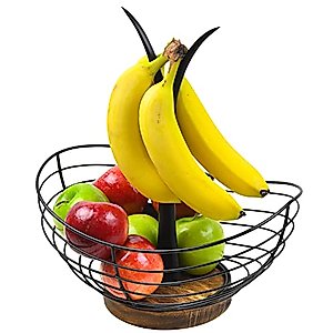 Modern Farmhouse Fruit Basket with Banana Holder for Kitchen Counter, Vintage Wire and Wooden Base Fruit Bowl & Banana Hanger for Kitchen Countertop Decor, Banana Tree & Fruit Stand