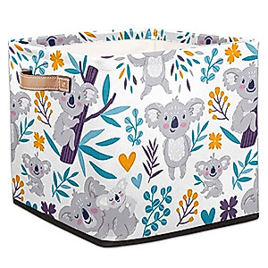 Cute Koala Cube Storage Bins 13 x 13 x 13 inch, Bears Floral Fabric Organizer Bins Basket Boxes with PU Leather Handles Foldable Storage Cube for Clothes Bedroom Closet Shelves