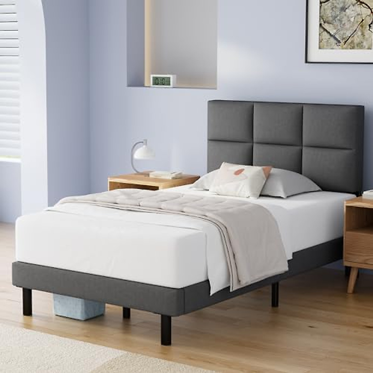 Molblly Twin Bed Frame with Upholstered Headboard, Strong Frame and Wooden Slats Support, Non-Slip and Noise-Free, No Box Spring Needed, Easy Assembly, Dark Grey