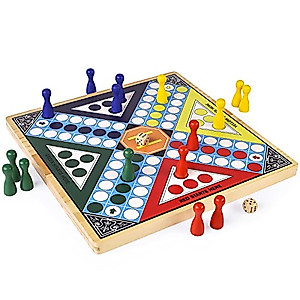 VAMSLOVE Reversible Wooden Ludo Board Game and Classic Chess Checkers Set 3 in 1, 13" x 13" Two-Sided Board Games for Kids and Adults Family Gathering (Games Instructions Included)