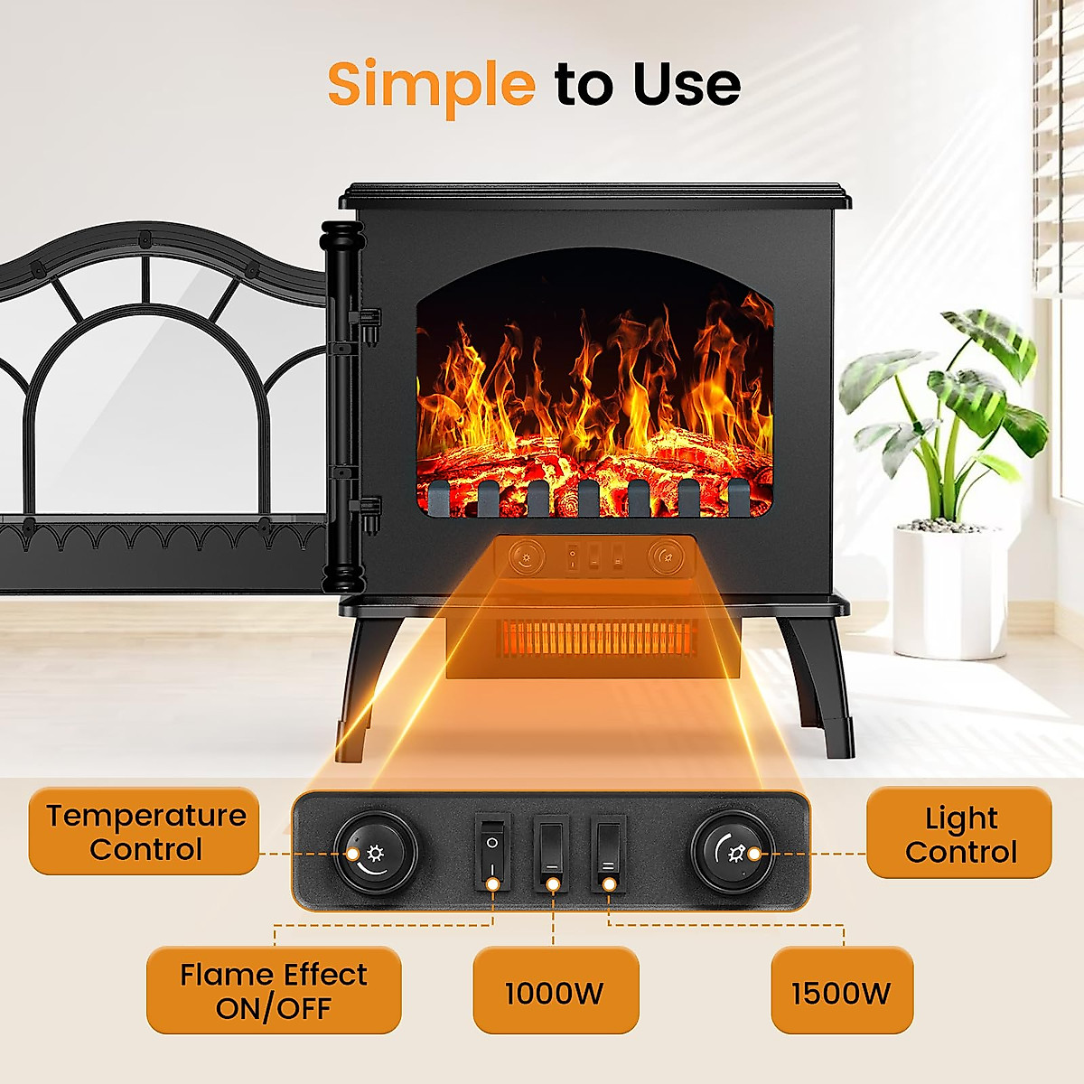 Joy Pebble Electric Fireplace Heater, 20'' Infrared Fireplace Heater 1000/1500W, 3D Realistic Flames Effect, ETL Certificated & Low Noise, Adjustable Flame Brightness, Overheating Protection