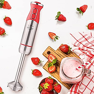 Zulay Kitchen Immersion Blender Handheld 500W - 8 Speed Copper Motor Immersion Hand Blender - Heavy Duty Stick Blender Immersion With Stainless Steel Whisk and Milk Frother Attachments (Red)