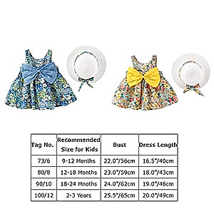 Baby Girl Spring Summer Dress Floral Print Bowknot Birthday Pretty Party Wedding Dresses Toddler Kids Flower Dress with Straw Skirt Set Hat Hawaiian Beach Boho Sundress Blue-chrysanthemum 18-24 Months