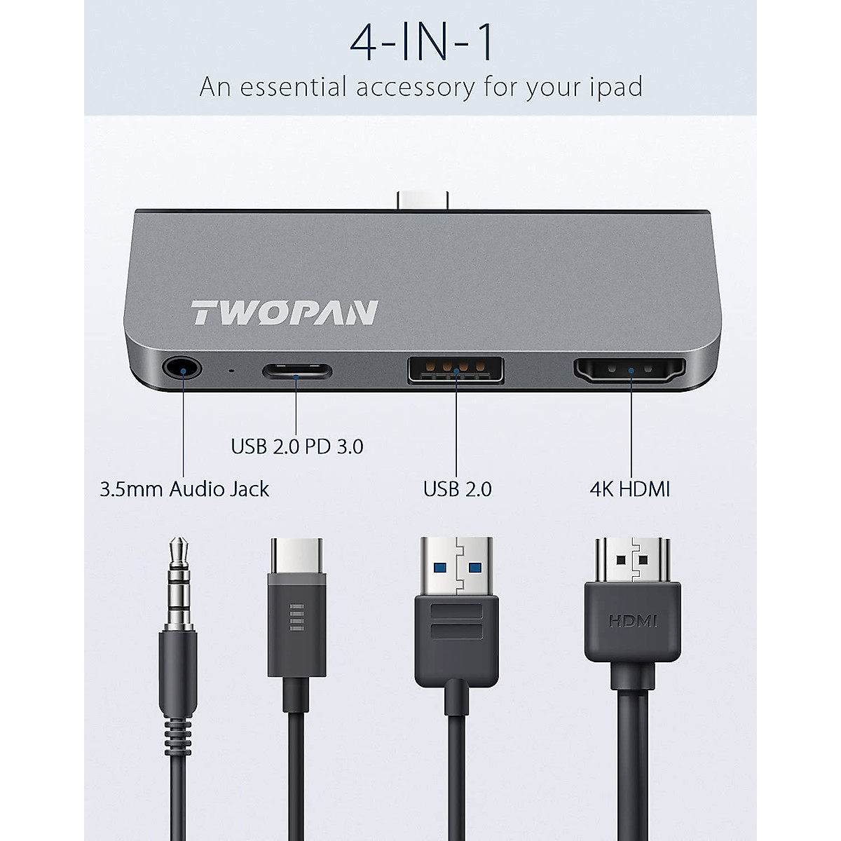 TWOPAN 4-in-1 iPad Pro USB C Hub HDMI, 4 Port USB 3.0 Hub Splitter with USB C PD 3.0 Charging, 4K HDMI, 3.5mm Audio Jack, for iMac 24 inch 2021, iPad Pro 12.9, MacBook Pro 14"/16" M2 Pro/Max
