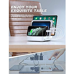 Charging Station for Multiple Devices - 5 in 1 Charging Dock Built-in AC Adapter with 5 USB Fast Ports and 8 Short Cables Charging Stand for iWatch, Airpods, Cell Phones, Smart Phones, Tablets (WHITE)