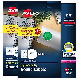 Avery White High Visibility Round Labels with Sure Feed, Permanent, 1-2/3", 2 Pack, 1,200 Labels Total (32135)