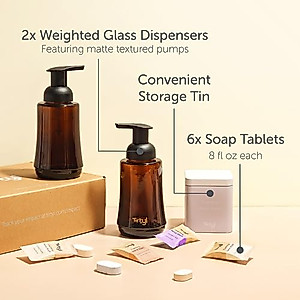Tirtyl Hand Soap Duo Kit - 2 Amber Glass Foaming Dispensers + Storage Tin + 6 Tablet Refills (48 fl oz total - 6x 8 fl oz) - NEW Formula - Compostable Packaging - Variety Fragrances