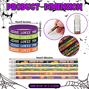 Paterr 105 Pcs Religious Halloween Party Favors 35 Christian Pumpkin Plastic Bags 35 Christian Halloween Pencil 35 Religious Bible Rubber Wristband for Religious Halloween Trick or Treat Party