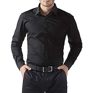 PJ PAUL JONES Men's Black Long Sleeve Button Down Dress Shirts Designer Slim Fit Dress Shirts Office Wear (Black,L)