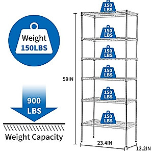 Adjustable Metal Storage Shelves 6-Tier Book Shelf Organizer Wire Shelving Unit 13" X 23" X 60" Steel Storage Rack Shelves for Garage Kitchen Restaurant Garage Pantry (900lbs, Chrome)