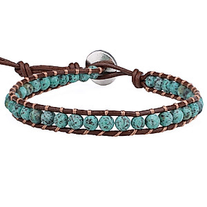 KELITCH Created Turquoise Crystal Mix Beaded Single Wrap Bracelet on Brown Leather Handwoven New Jewelry (Green 01)