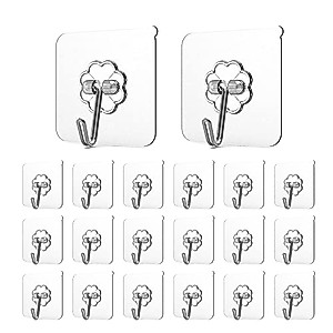 Wall Hooks for Hanging, Heavy Duty Adhesive Hooks, 20 Pack Removable Sticky Ceiling Hooks, Transparent Self Adhesive Shower Hooks,Water & Oil Proof Strong 22lb(Max) Door Coat Hooks