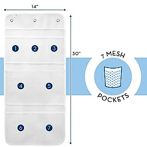 S&T INC. Shower Organizer with Quick Drying Mesh, Bathroom Caddy Organizer with 7 Pockets to Hold Toiletries, Shampoos, Soaps, and Loofahs, 14 Inch by 30 Inch, White, 1 Pack