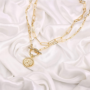 Turandoss Gold Initial Necklaces for Women, 14K Gold Plated Dainty Layering Paperclip Link Chain Necklace Personalized Coin Pendat S Initial Necklaces for Women Gold Jewelry Gifts