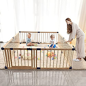 Largest Baby Gate Playpen, Kids Play Fence with Door, Play Area Indoor Kids,Safety Activity Center Playard w/Locking Gate Outdoor,Without Mat（Natural Wood,71”×79”）