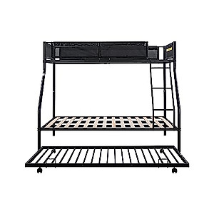 Oudiec Twin Over Full Metal Bunk Bed with Trundle & Guardrail for Dorm, Kids Bedroom, Sturdy Steel Bedframe with Ladder, Space Saving Design & No Box Spring Needed, Black