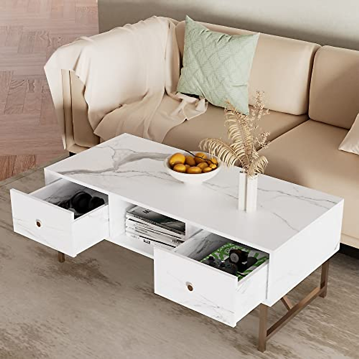 Cozy Castle Coffee Table with Drawers, 43" Mid Century Modern Coffee Table with Storage, Coffee Table with Metal Legs, Wood Small Coffee Table for Living Room, Bedroom and Office, White