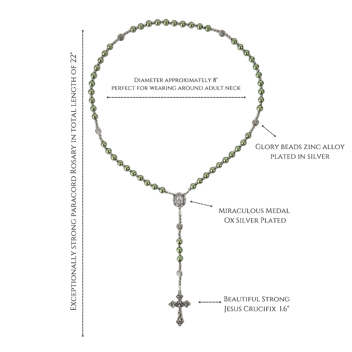 Nazareth Store Green Beads Rosary Necklace Catholic Pearl Beads Rosary with Miraculous Medal and Cross Crucifix