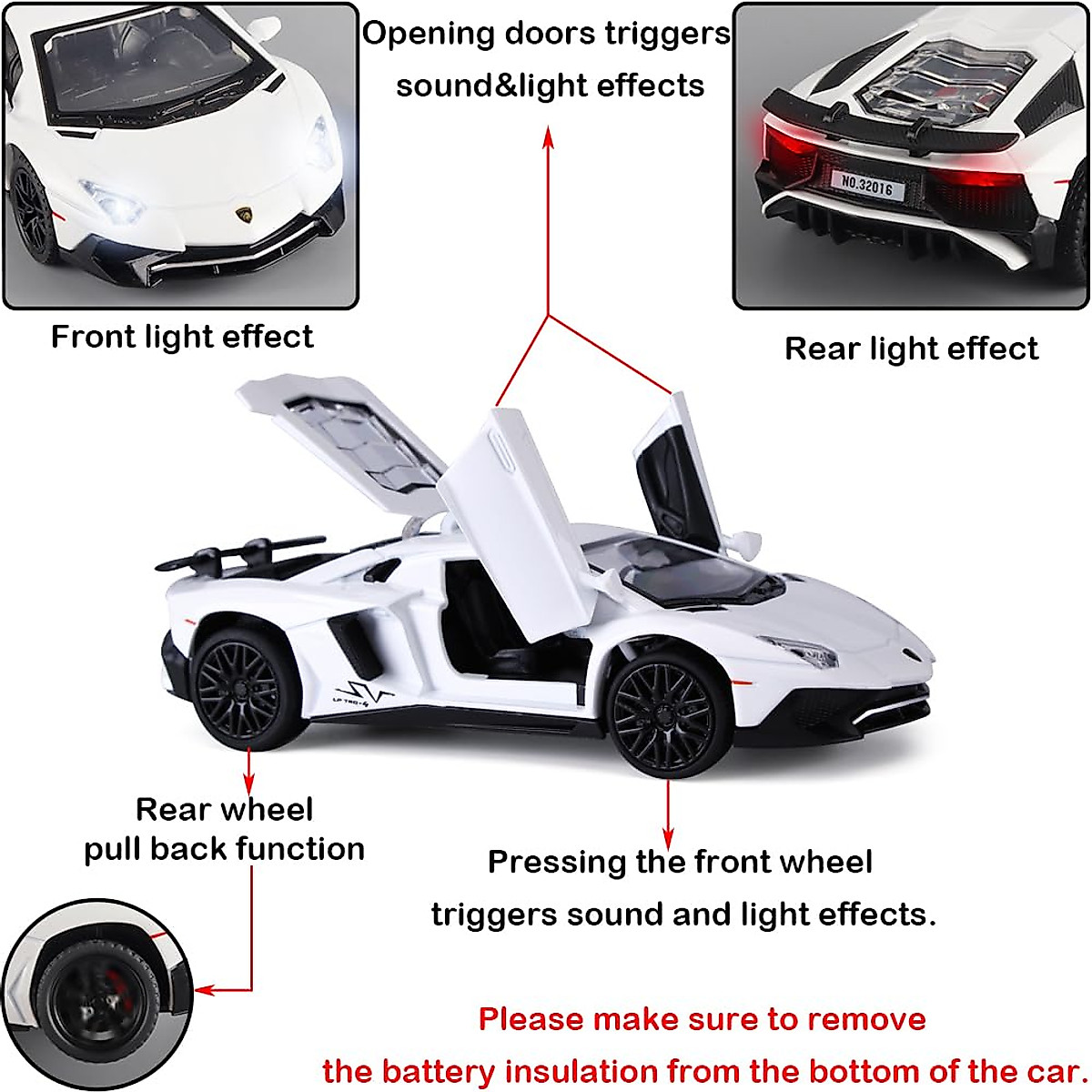 White Lambo Aventador Toy Car Model Pull Back Vehicles Diecast with Light & Sound