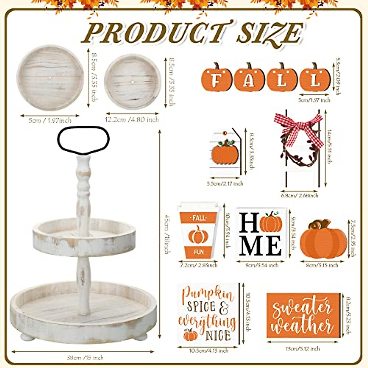 Two Tiered Tray with 11 Pcs Wooden Signs, Farmhouse Tiered Tray Decor Set Rustic Wood Home Kitchen Table Stand Decor Decorative Table Shelf Centerpiece(Autumn Style)