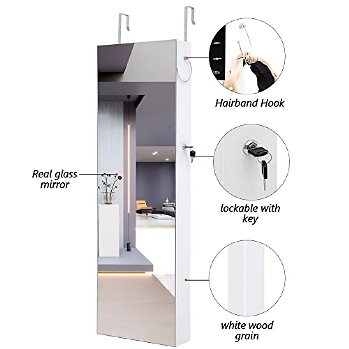 Henf 6 LEDs Mirror Jewelry Armoire Cabinet, Lockable Jewelry Organizer with Full-Length Mirror, Wall/Door Mounted Mirror with Jewelry Storage, Brush Holders,4 Shelves