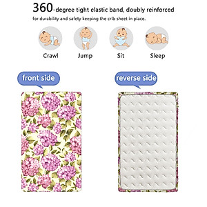 Shabby Flora Themed Fitted Mini Crib Sheets,Portable Mini Crib Sheets Soft and Breathable Bed Sheets-Great for Boy or Girl Room or Nursery,24“ x38“,Pale Green Baby Pink Cream Lilac