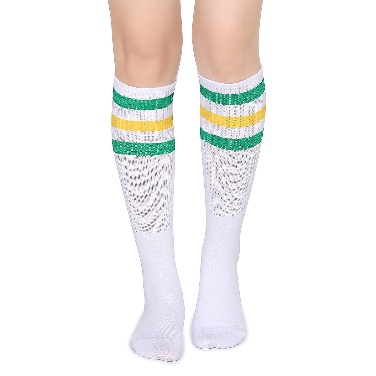 Henwarry 3 Pairs Classic Triple Stripes Over the Calf Cotton Retro Tube Socks for Men and Women (B04-Green/Yellow/White)