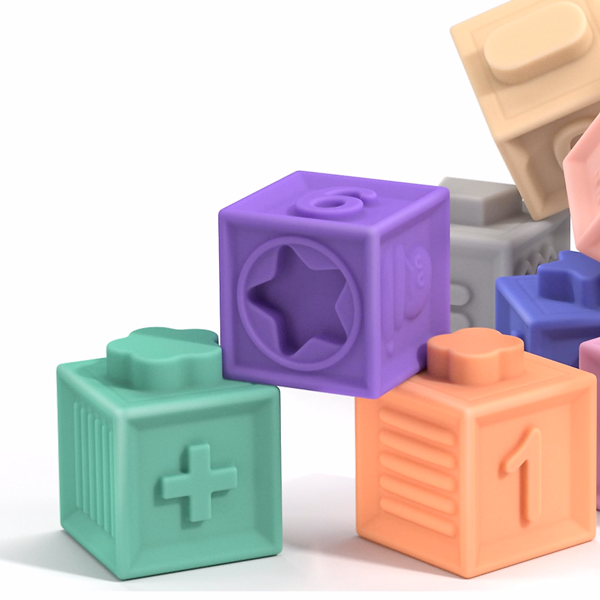 TEMI Baby Toys Blocks, Soft Stacking Building Blocks Educational Teethers Toy Squeeze Play with Numbers Shapes Animals Fruit and Textures