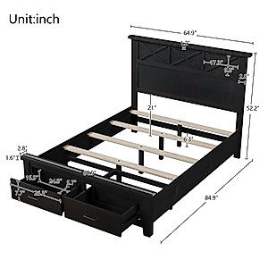 Aisurun Rustic Farmhouse Queen Size Platform Bed Frame with 2 Drawers, 700Lbs Weight Capacity, No Box Spring Needed, Coffee Bed
