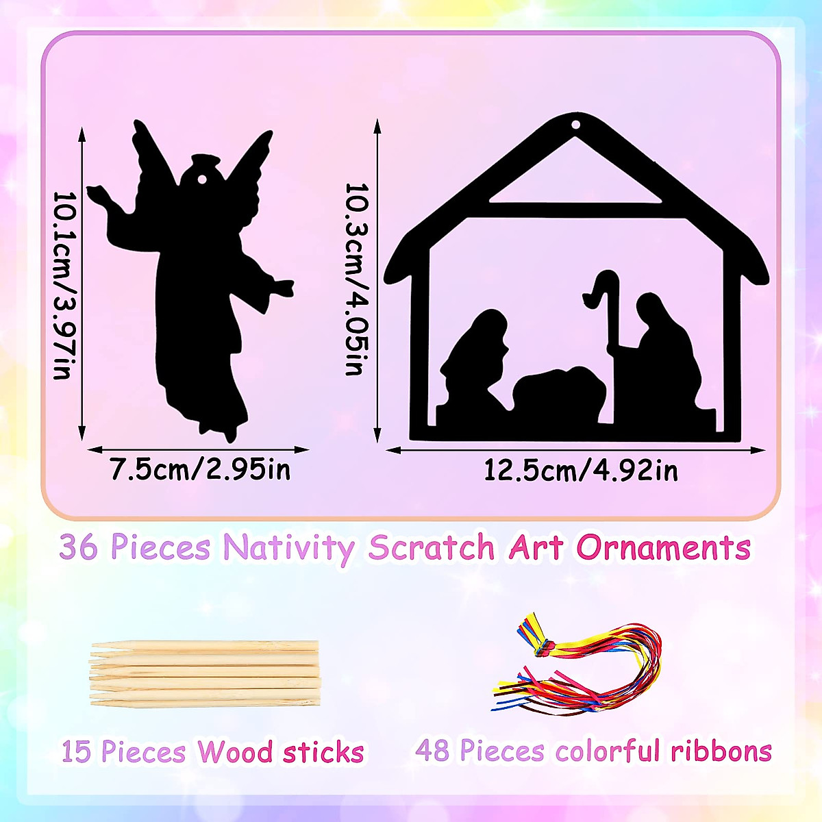 36 Pcs Nativity Scene Scratch Paper Christmas Tree Scratch Ornaments for Kids Include Scratch Card 10 Wooden Styluses 36 Colorful Ribbons for Christmas Birthday Classroom Holiday Crafts Supplies