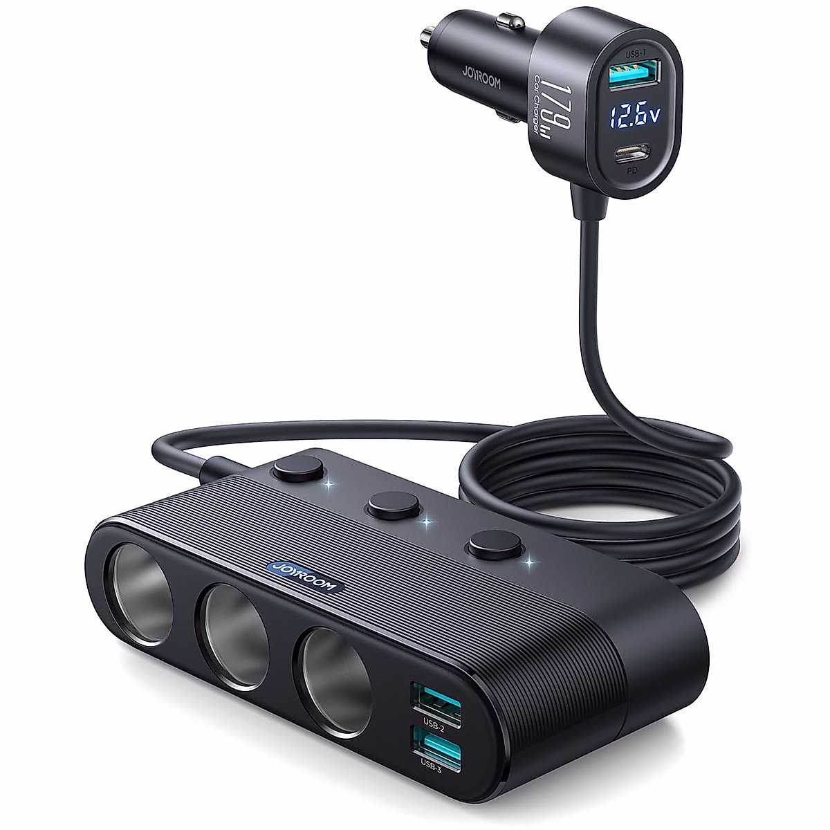 [2025 Upgraded] 7 in 1 Cigarette Lighter Adapter, JOYROOM 179W Car Charger Adapter with PD30W Charge(3.3FT Cable), 24V/ 12V Cigarette Lighter Splitter with Independent Switches & LED Voltage Display