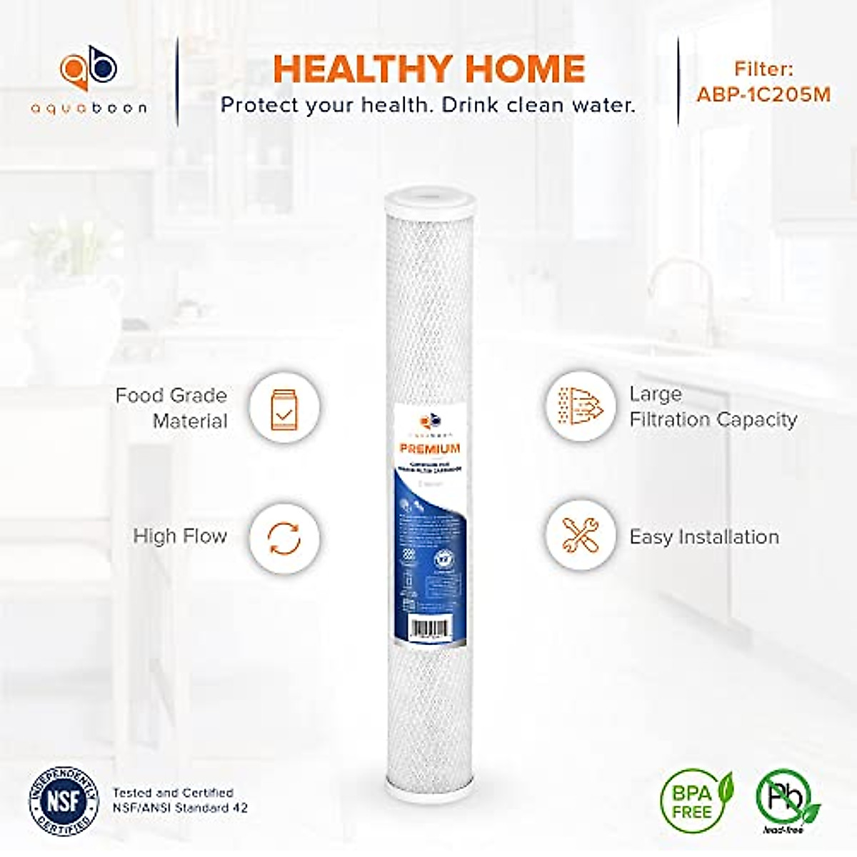 Aquaboon Premium 20 x 2.5 inch 5 Micron | Whole House Carbon Water Filter Replacement | Universal Coconut Shell Cartridge for Whole Home | 4 Pack